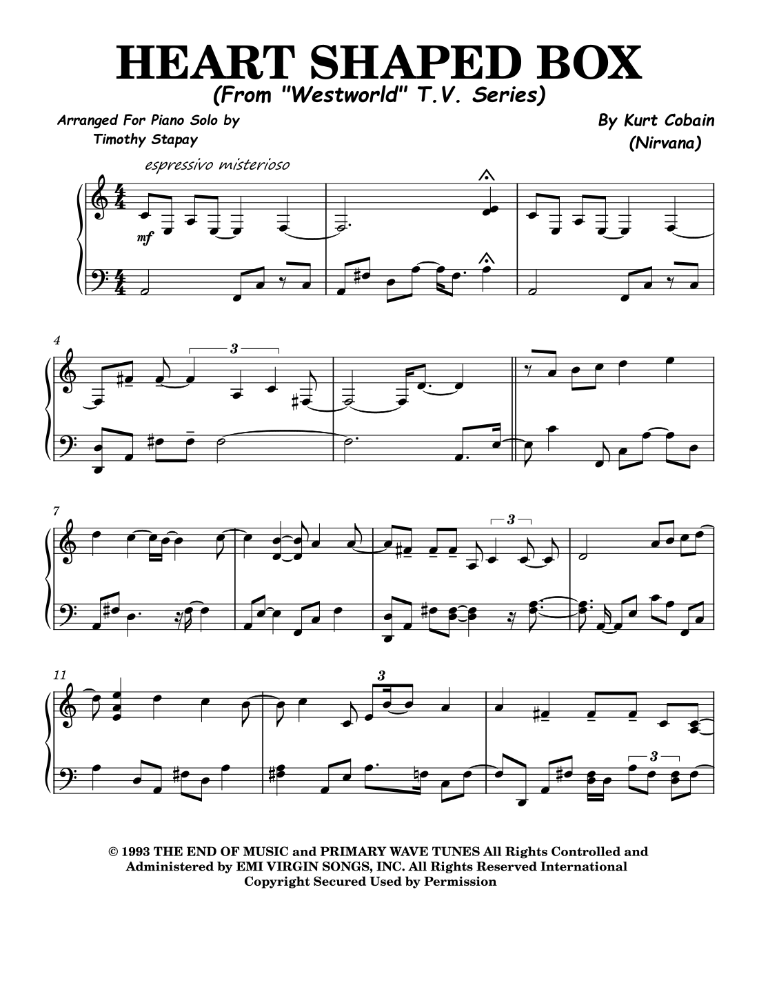 Heart Shaped Box (arr. Timothy Stapay) by Nirvana Sheet Music for Piano ...