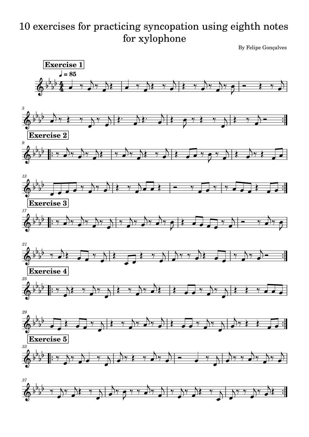 10 exercises for syncopation using eighth notes for xylophone in G# ...