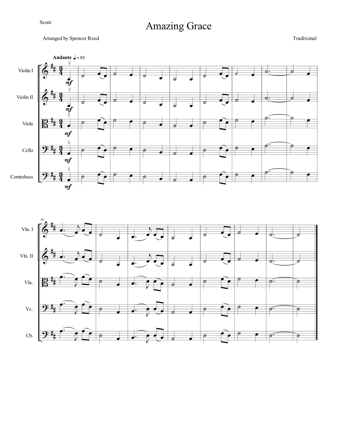 Amazing Grace (arr. Arranged by Spencer Reed) by Traditional Sheet ...