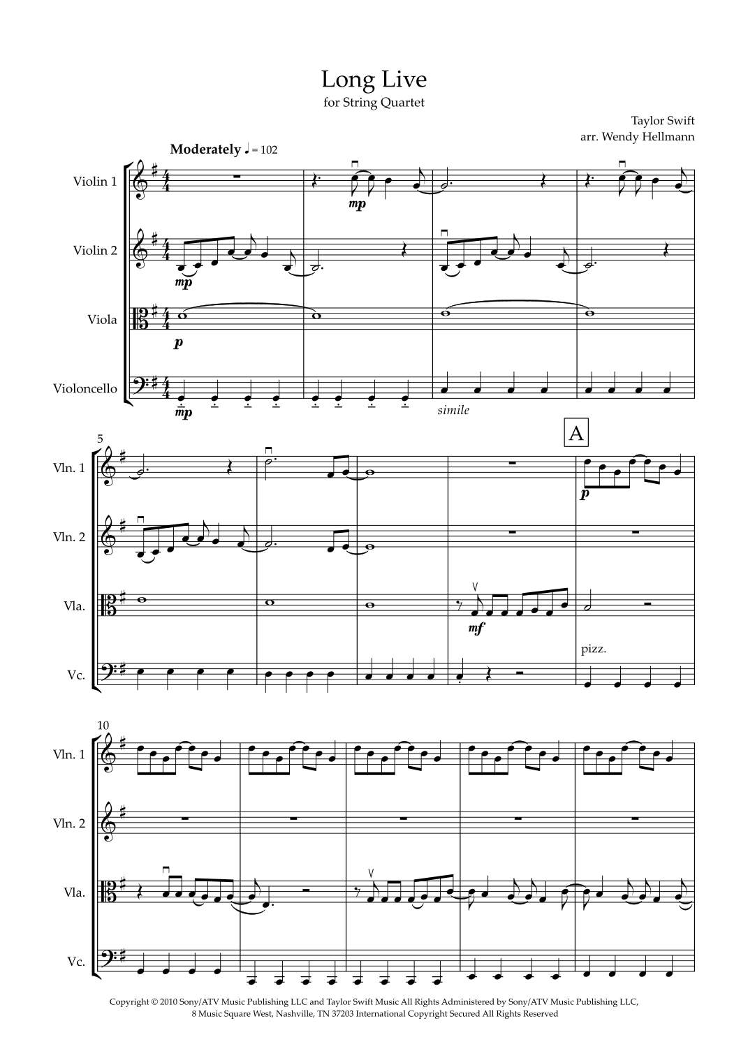 Long Live (arr. Wendy Hellmann) by Taylor Swift Sheet Music for String ...