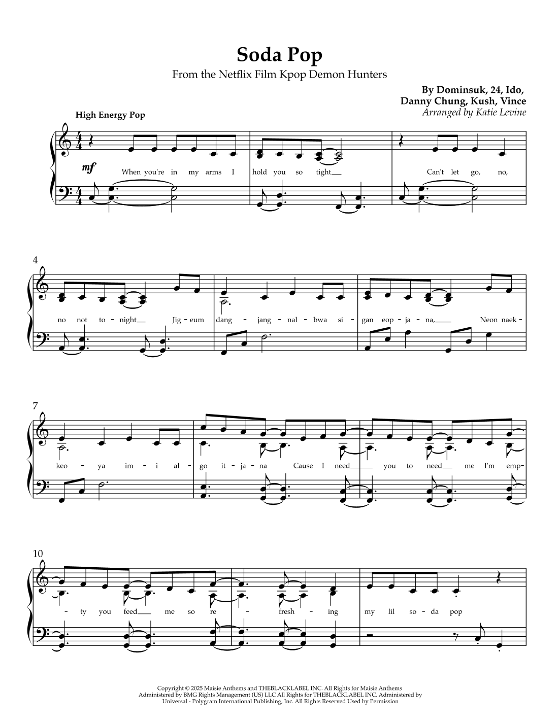 Soda Pop (arr. Katie Levine) by Saja Boys Sheet Music for Easy Piano at ...