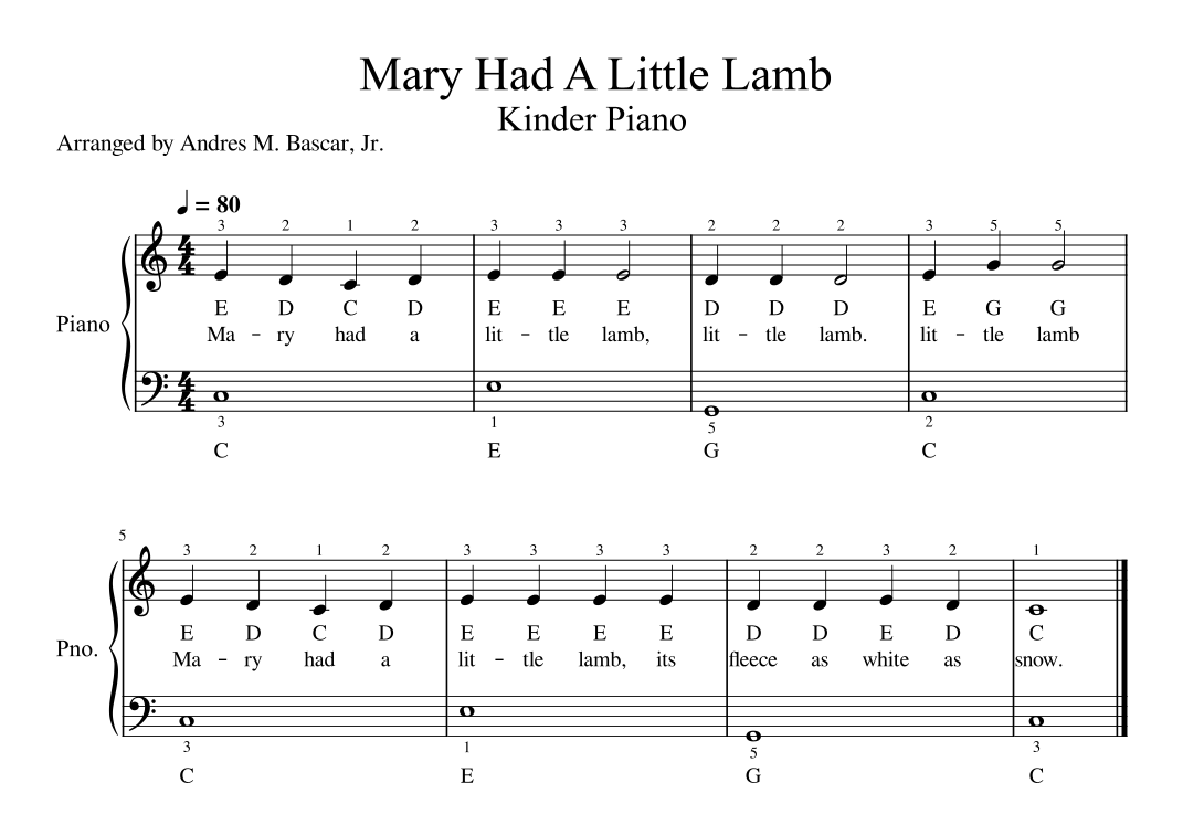 MARY HAD A LITTLE LAMB (arr. Andres M. Bascar, Jr.) by Unknown Sheet ...
