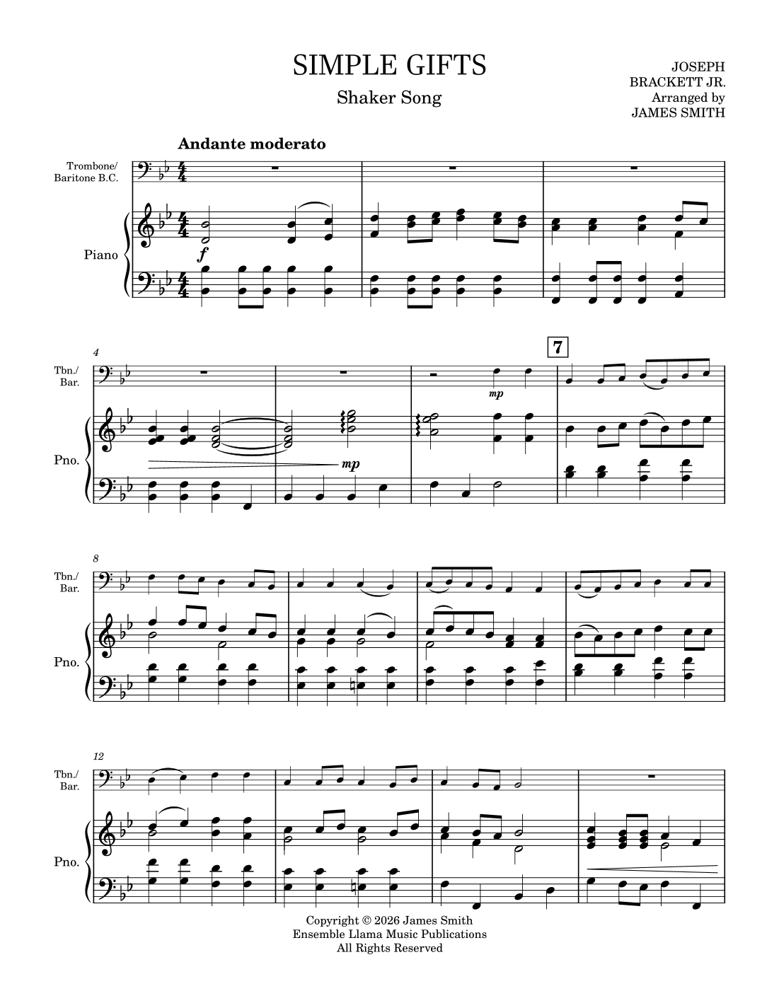 Simple Gifts - Arranged for Trombone or Baritone Solo & Piano ...