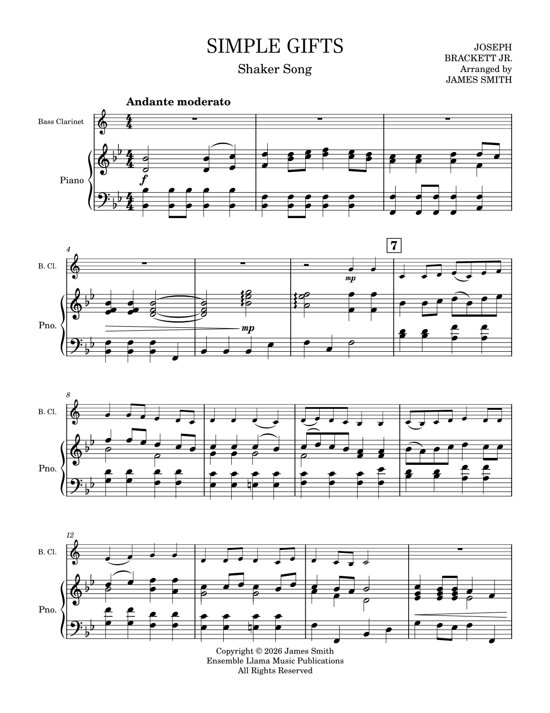 Simple Gifts - Arranged for Bass Clarinet Solo & Piano Accompaniment ...