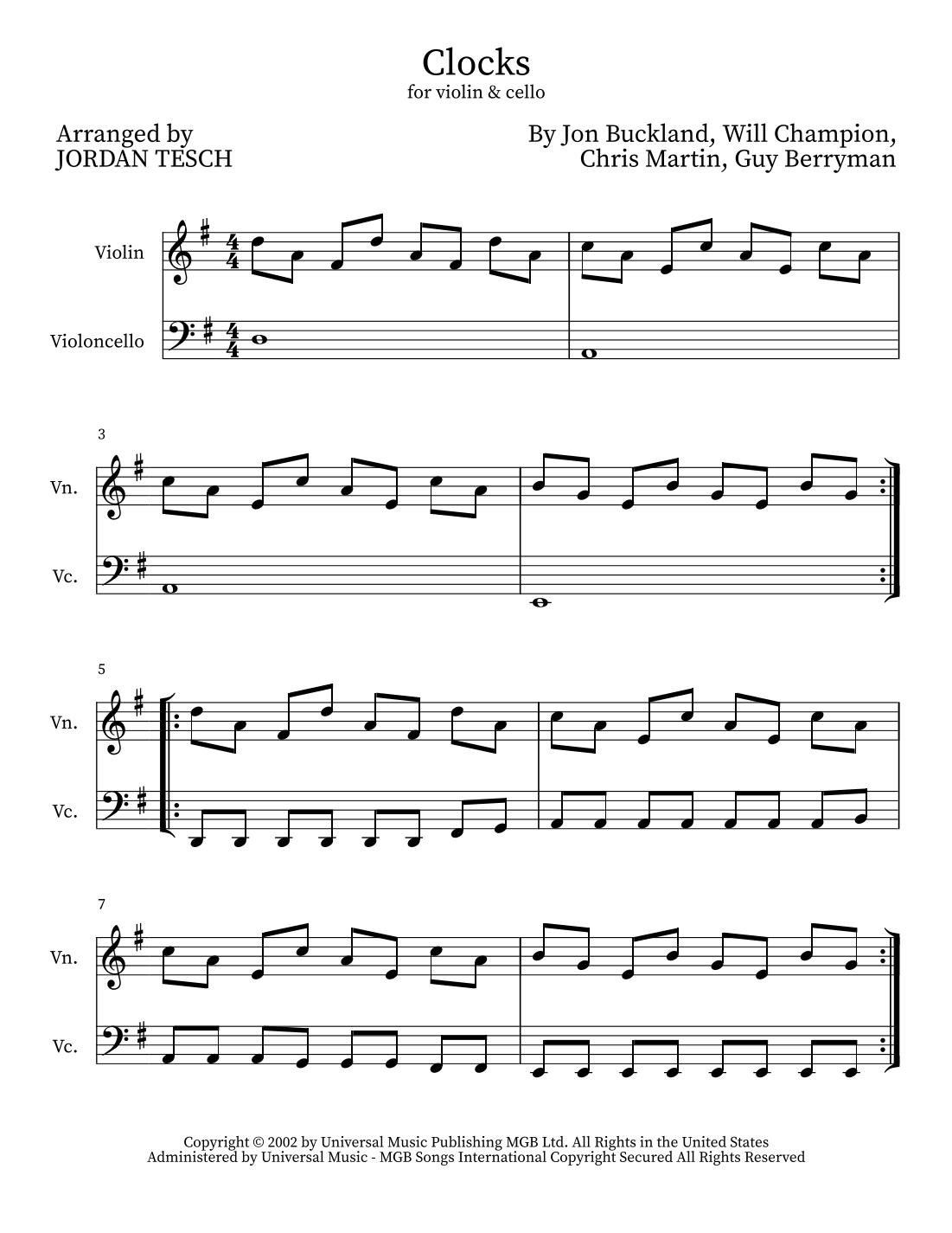 Clocks (arr. Jordan Tesch) by Coldplay Sheet Music for Instrumental ...