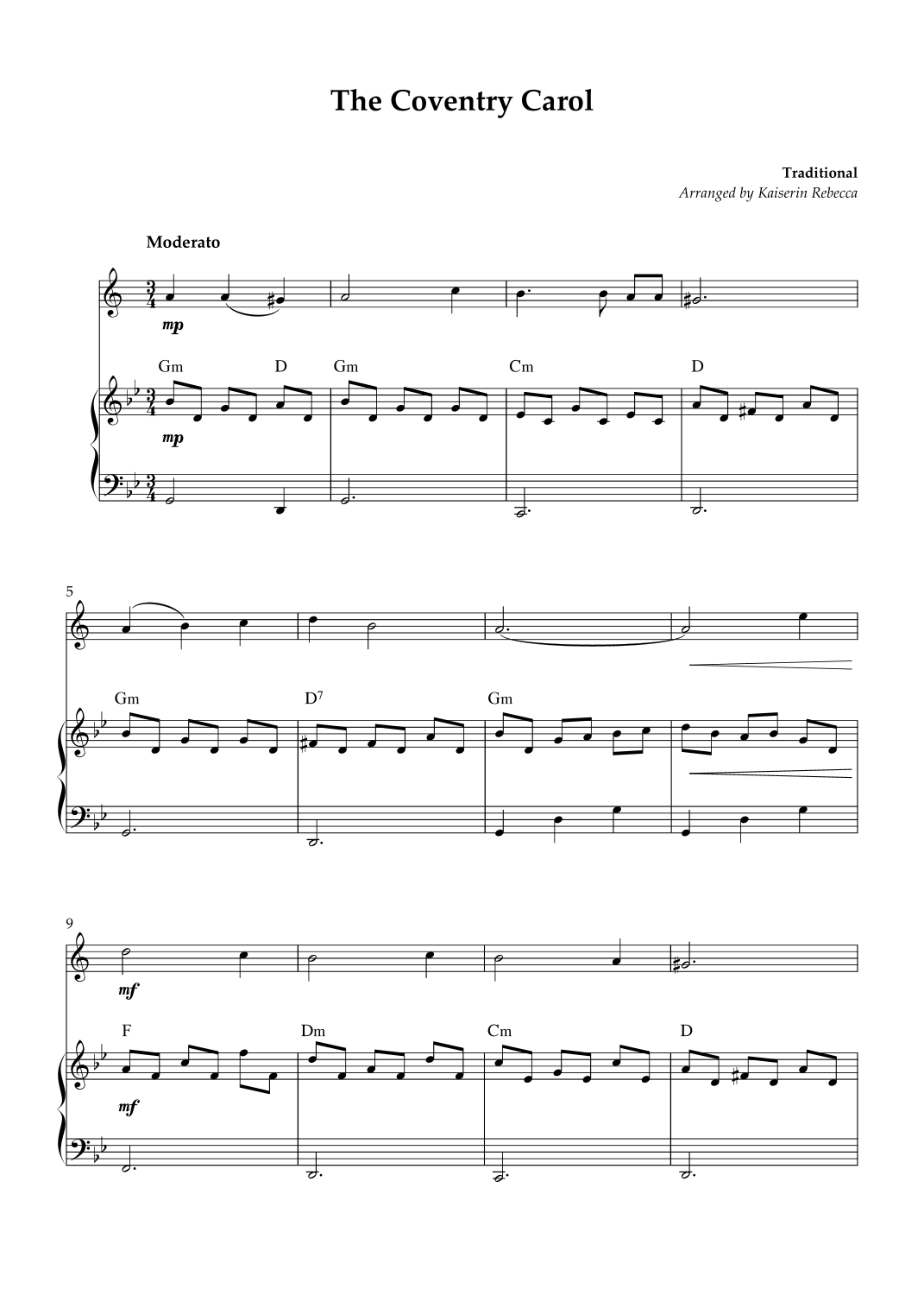 The Coventry Carol (arr. Kaiserin Rebecca) by Traditional Sheet Music ...