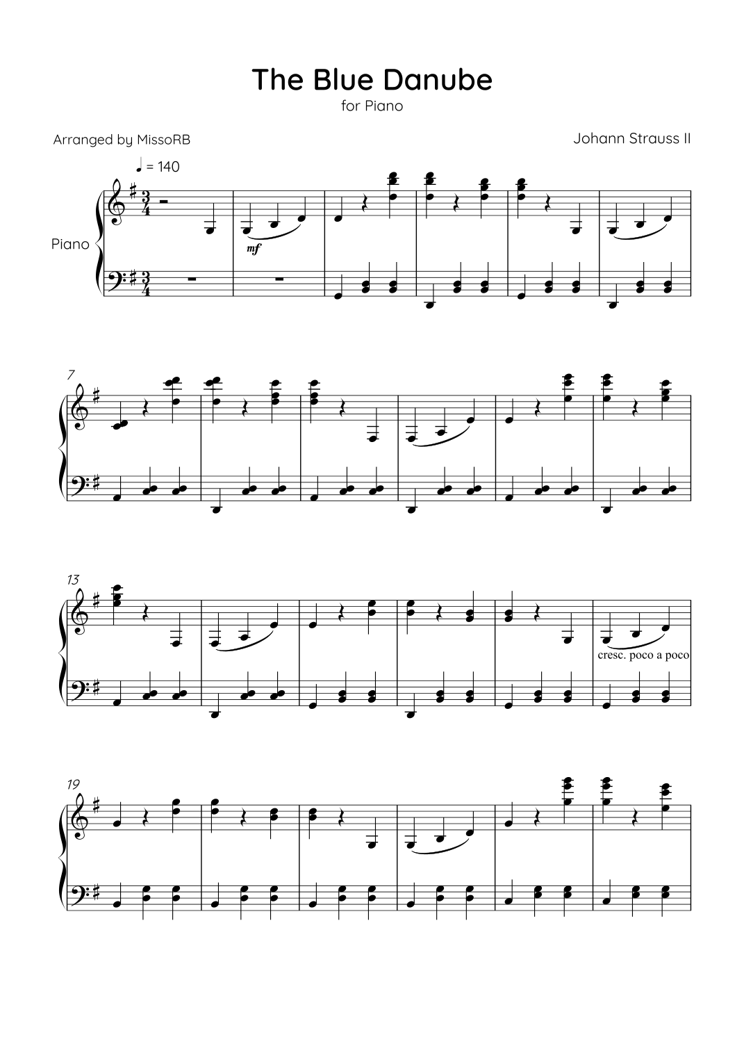 The Blue Danube - Solo Piano in G Major (arr. MissoRB) by Johann ...