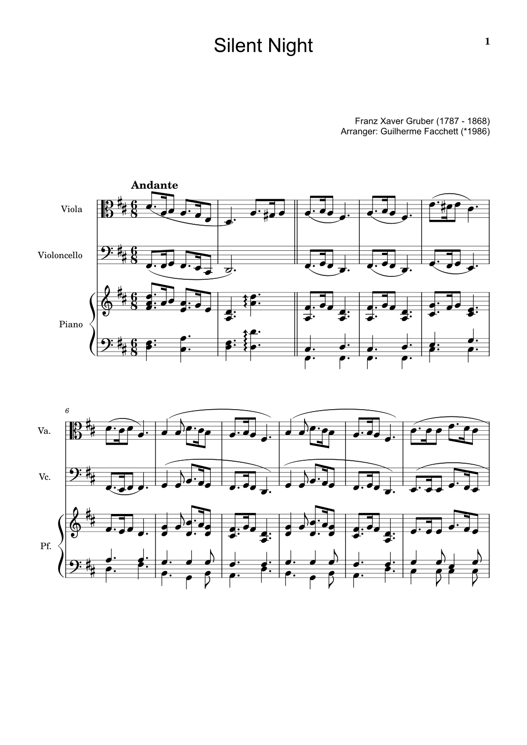 Silent Night - Viola, Cello and Piano. With Parts. (arr. Guilherme ...