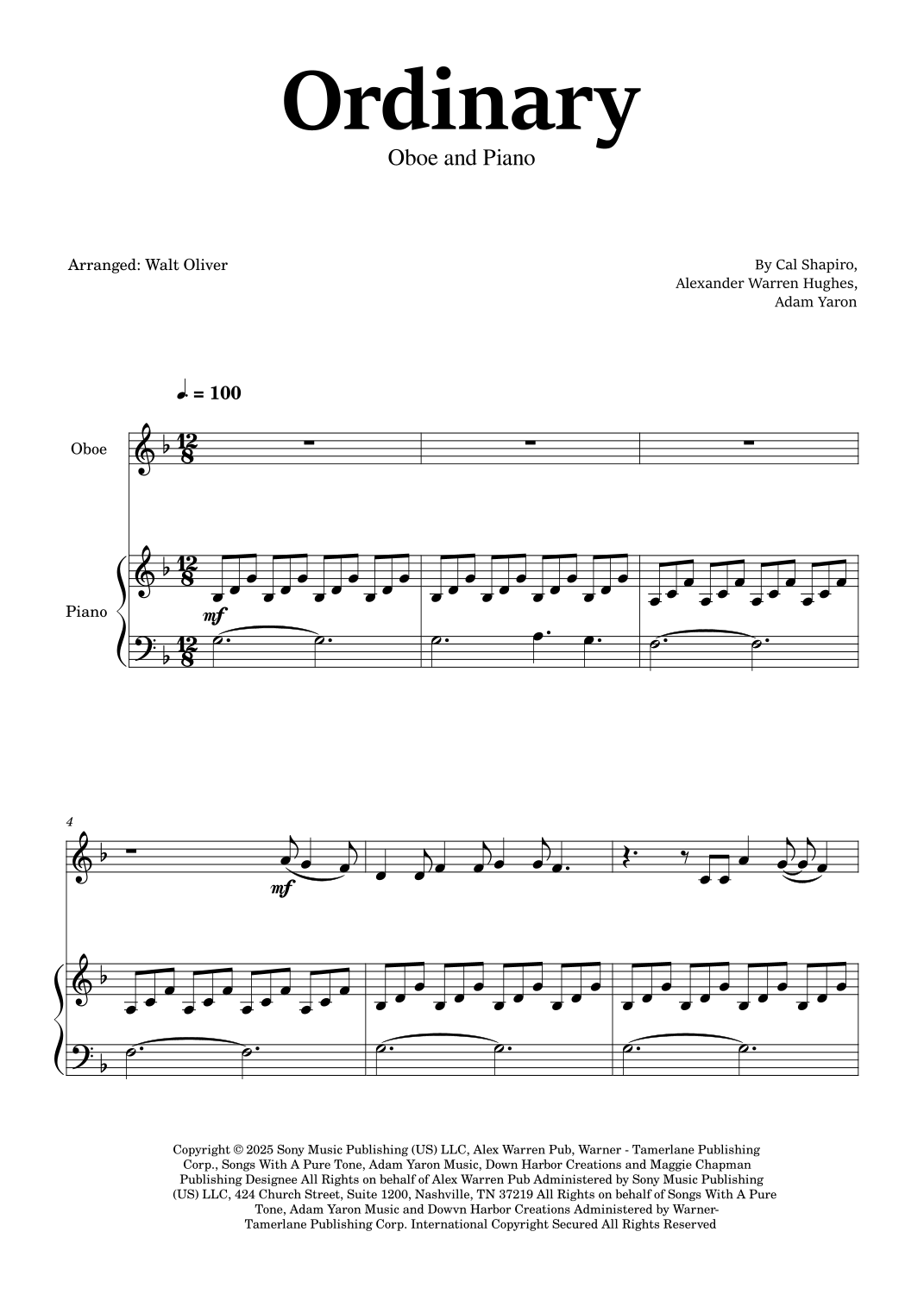 Ordinary (arr. Walt Oliver) par Alex Warren Partitions pour Hautbois et ...