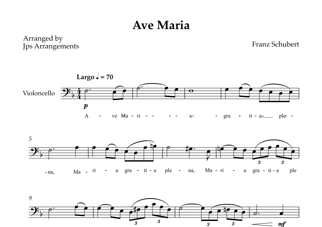 Ave Maria (Schubert) - Easy Cello Solo - Key of F Major - Lyrics (arr ...