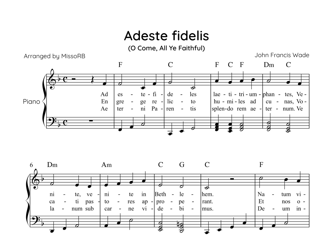 Adeste Fidelis (O Come, All Ye Faithful) - Piano in F Major (Beginner ...