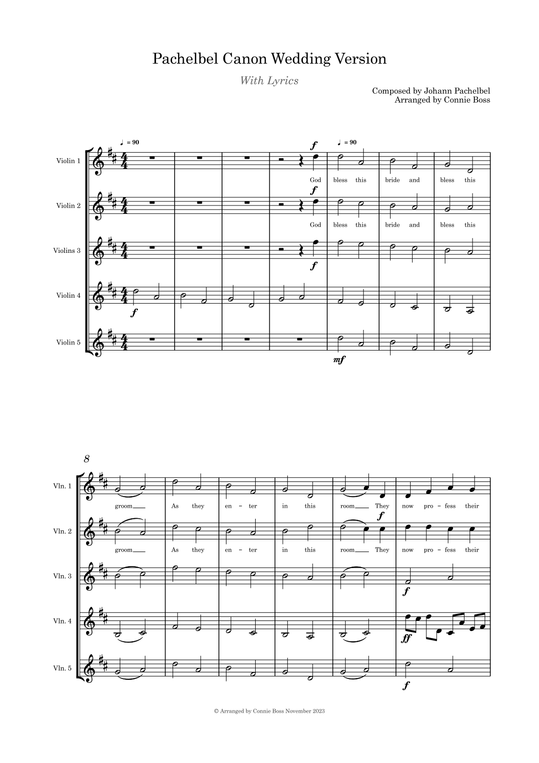 PACHELBEL CANON VIOLIN ENSEMBLE FOR WEDDING UP TO 5 PARTS (ARR. CONNIE ...