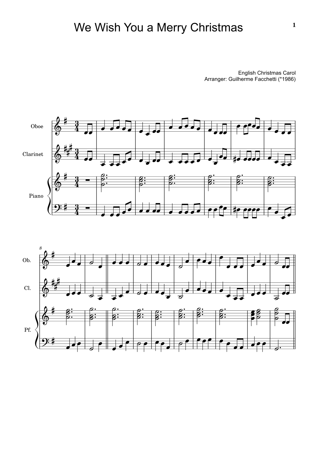 We Wish You a Merry Christmas - For Oboe, Clarinet and Piano. With ...