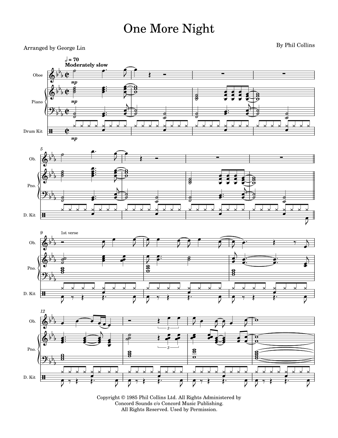 One More Night (arr. George Lin) by Phil Collins Sheet Music for Oboe ...