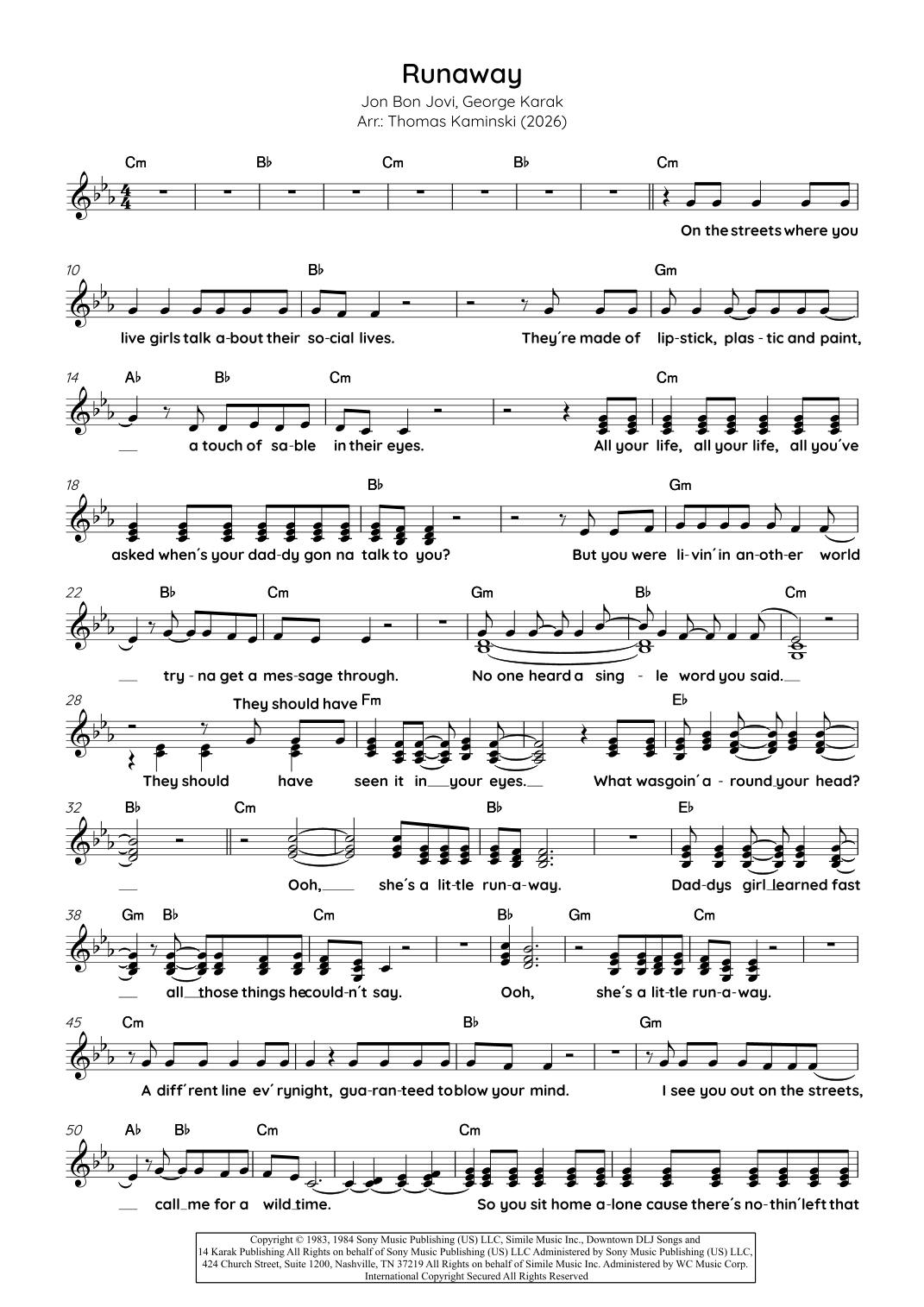 Runaway (arr. Thomas Kaminski / Insta: @herrkaminski) by Bon Jovi Sheet ...
