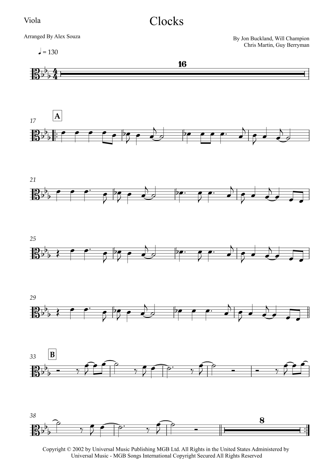 Clocks (arr. Alex Souza) by Coldplay Sheet Music for Viola Solo at ...