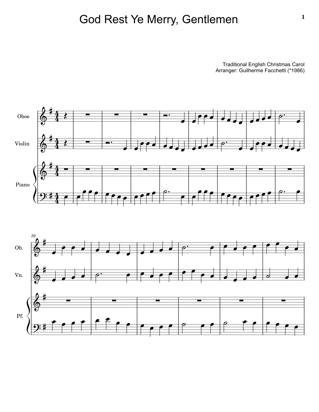 God Rest Ye Merry, Gentlemen - Oboe, Violin and Piano. With Parts. (arr ...
