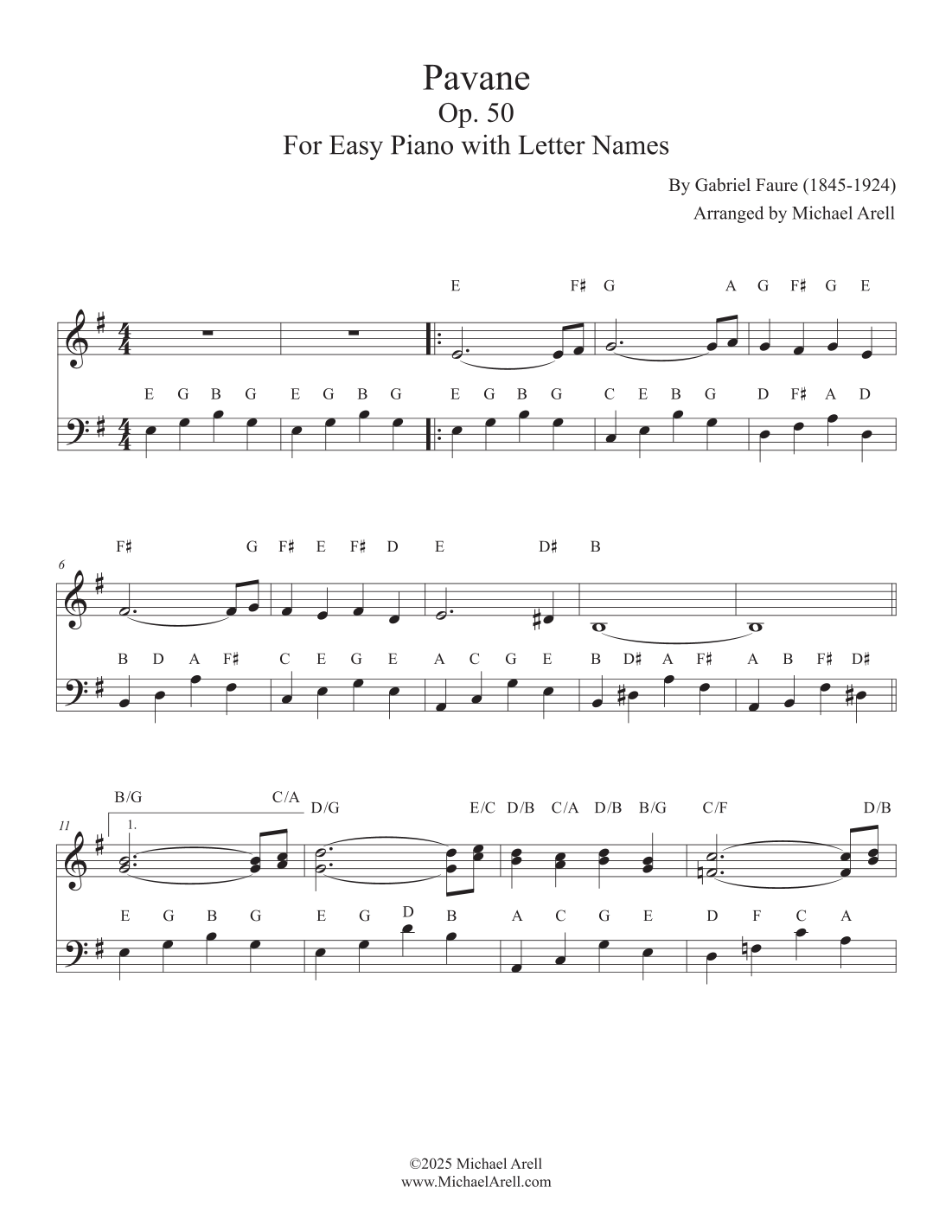 Faure's Pavane for Easy Piano (arr. Michael Arell) by Gabriel Faure ...