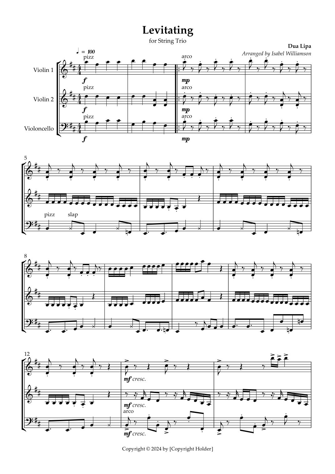 Levitating - String Trio (arr. Isabel Williamson) Sheet Music | Dua ...