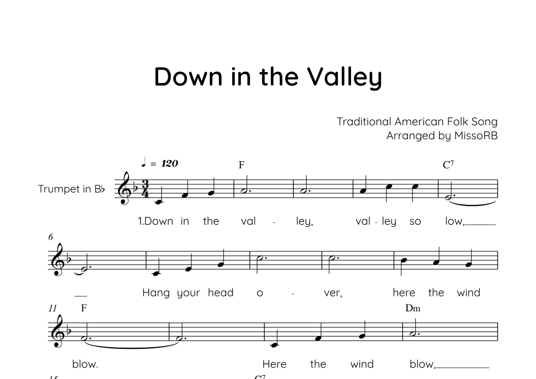Down in the Valley - Trumpet in Eb Solo With Chords & Lyrics - Easy ...