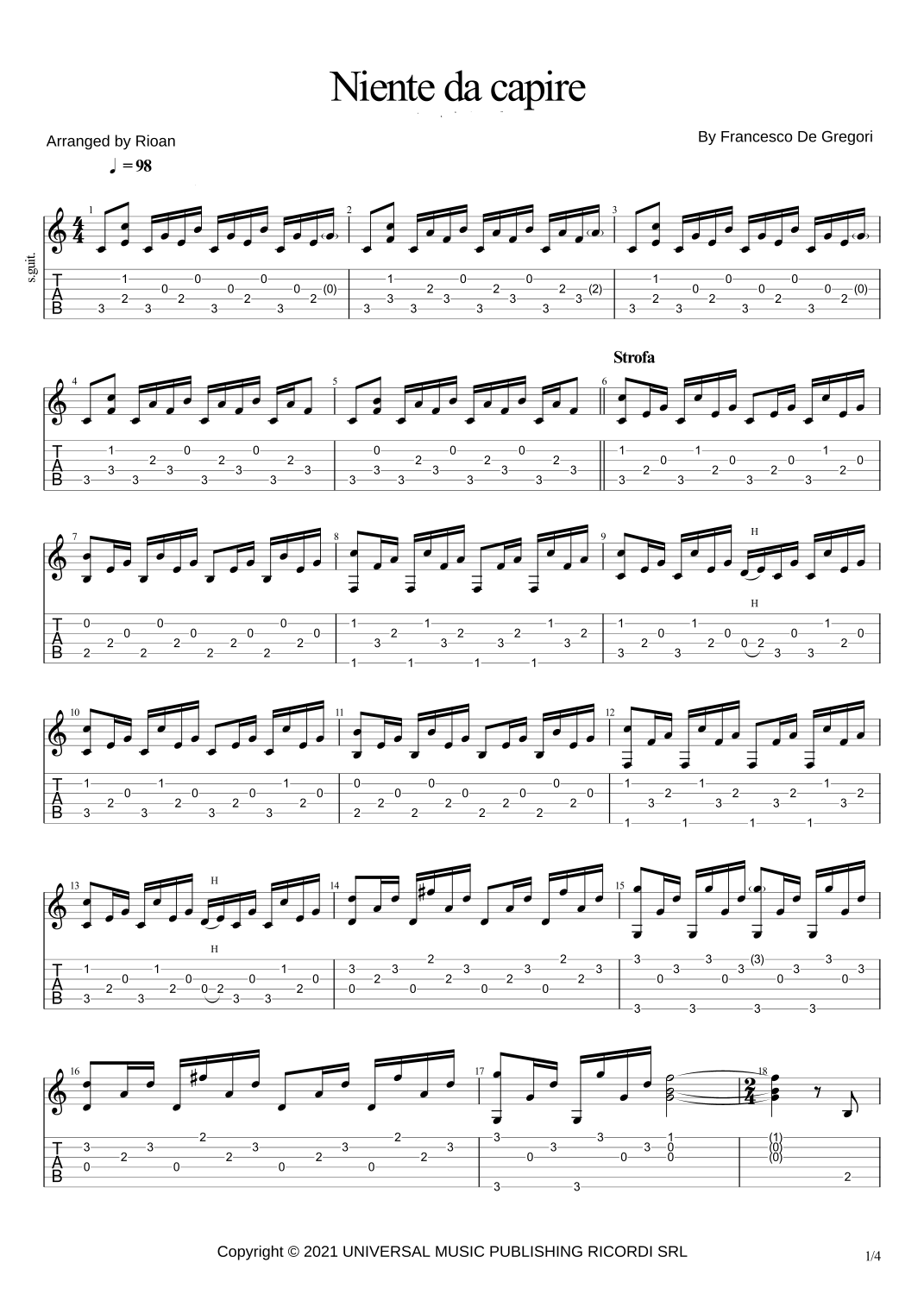Niente Da Capire (arr. Rioan) by Francesco De Gregori Sheet Music for ...