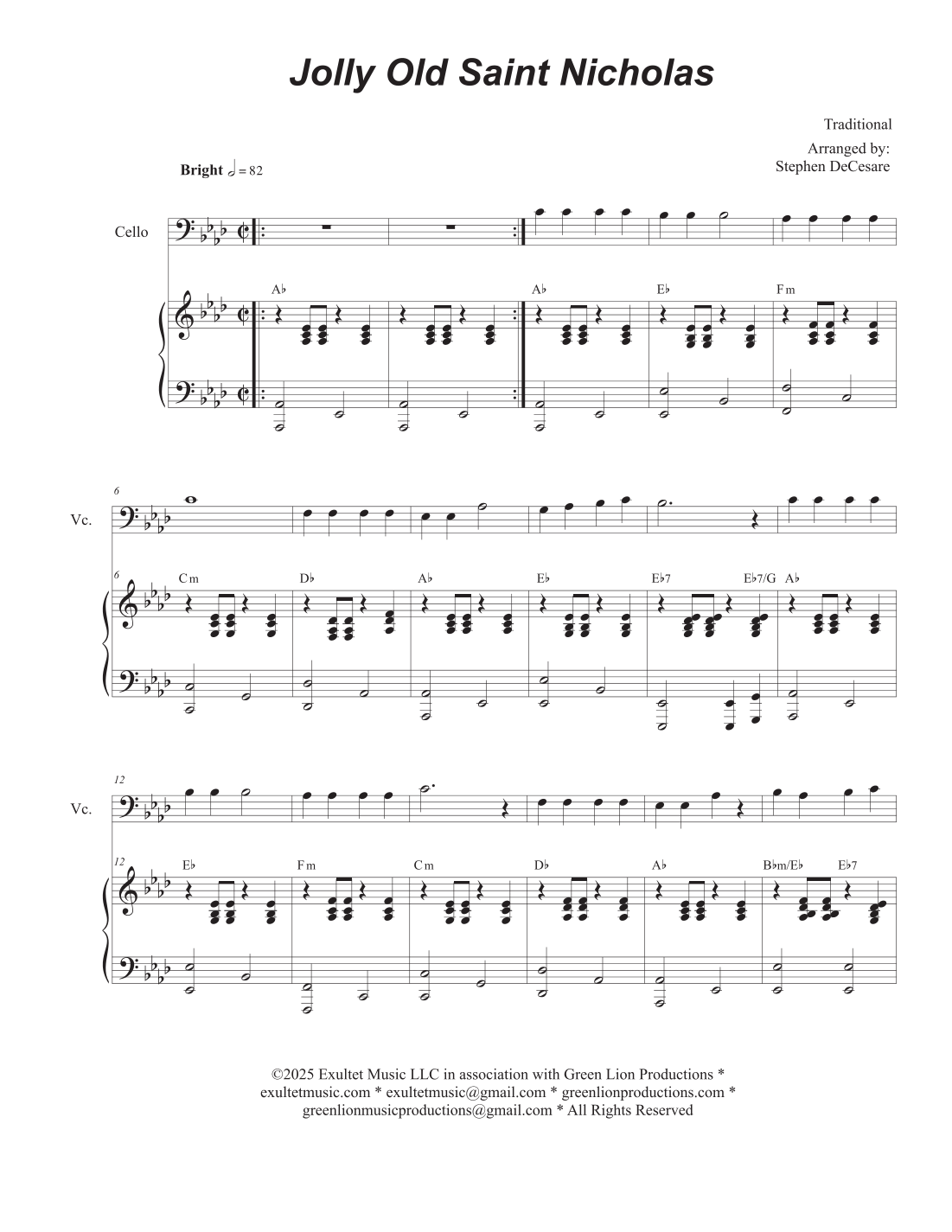 Jolly Old Saint Nicholas (Cello solo and Piano) (arr. Stephen DeCesare ...