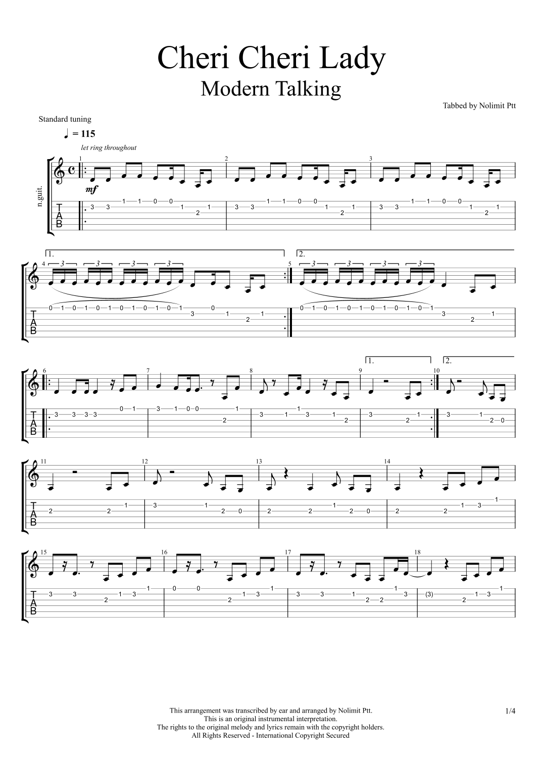 Cheri Cheri Lady (arr. Righty) by Mödern Talking Sheet Music for Easy ...