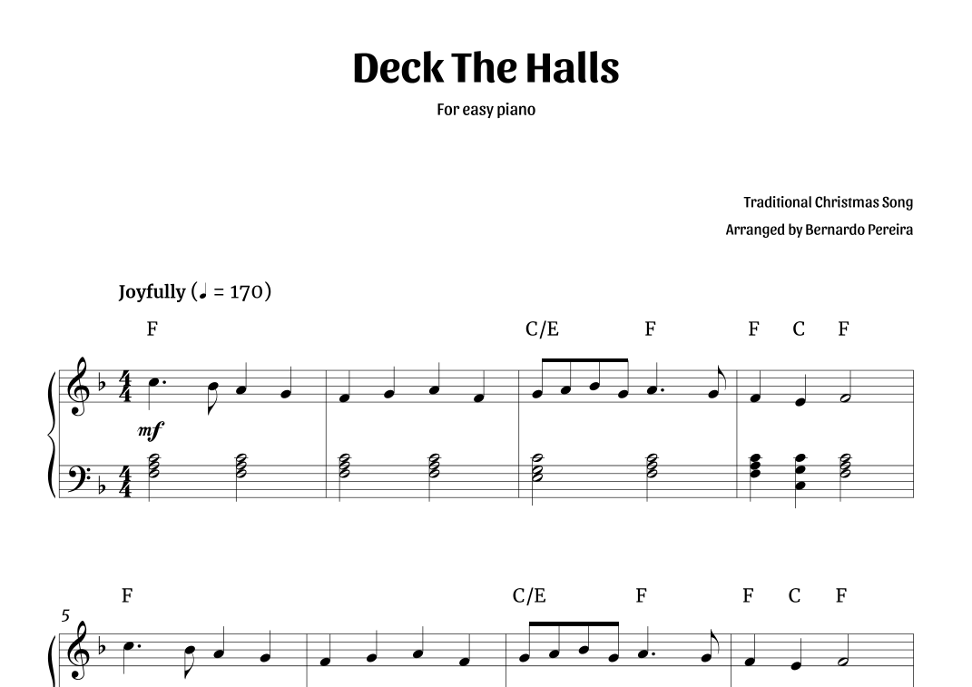 Deck The Halls (easy piano – clean with chords) (arr. Bernardo Pereira ...