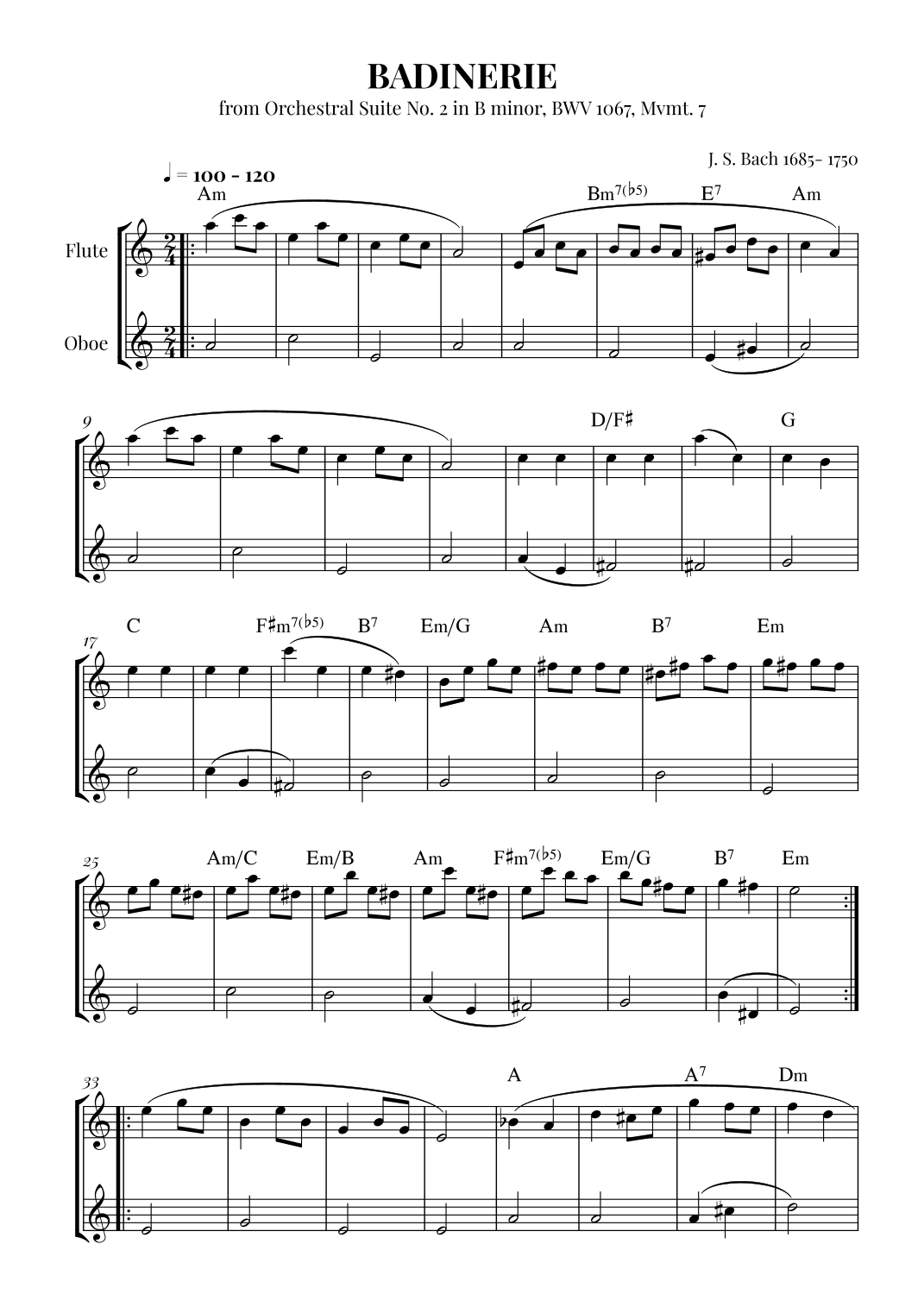Badinerie (BWV 1067) – Easy Flute & Oboe with Chords (arr. Leonardo ...