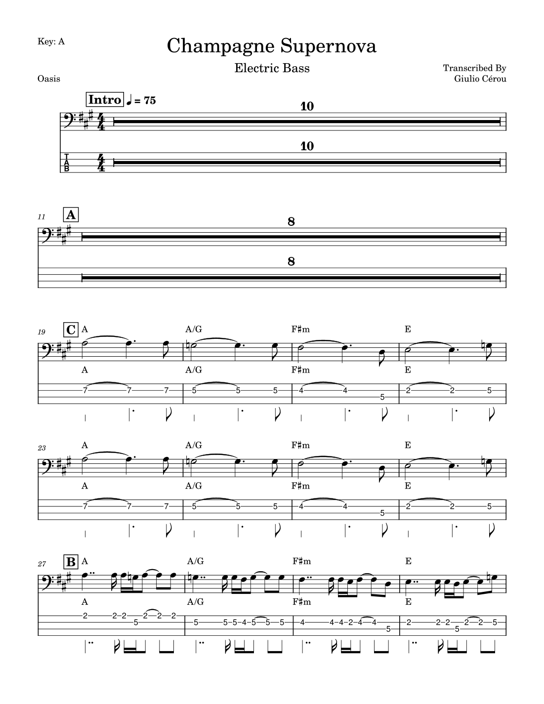 Champagne Supernova (arr. Giulio Cérou) by Oasis Sheet Music for Bass ...