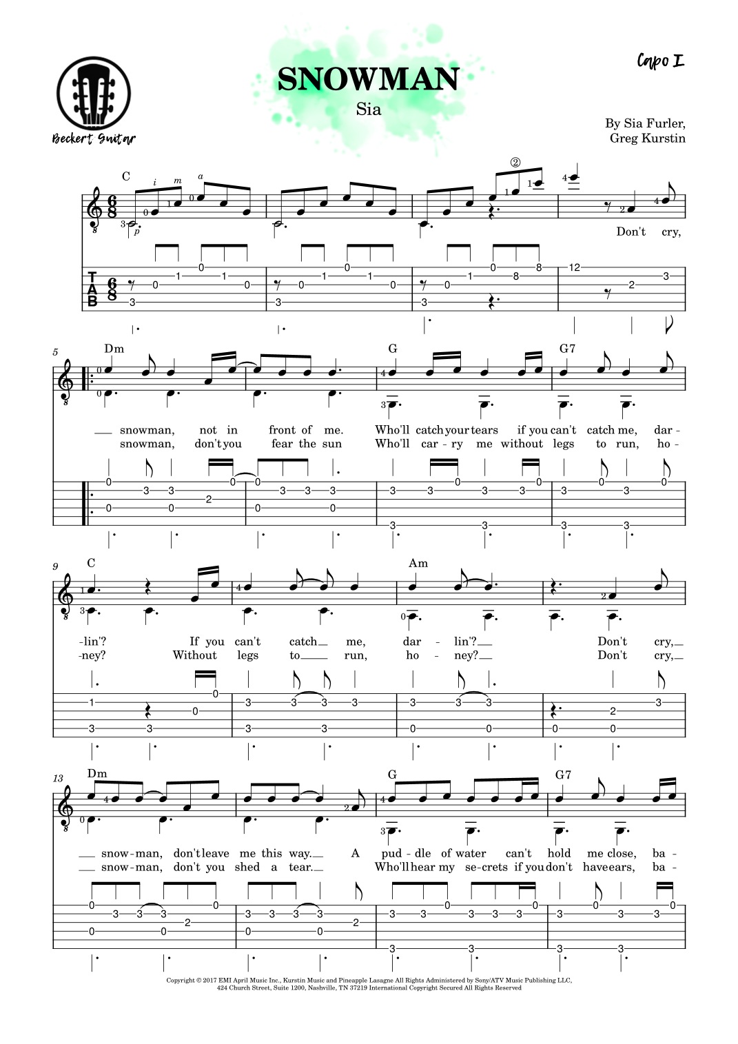 Snowman (arr. Beckert Guitar) by Sia Sheet Music for Easy Guitar Tab at ...