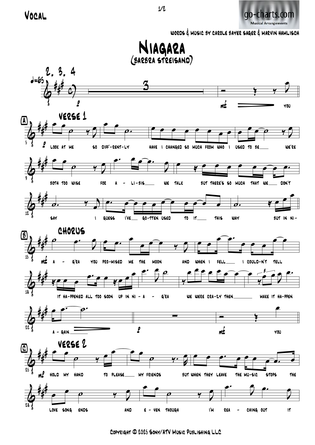 Niagara (arr. Andy Davidson go-charts.com by Carole Bayer Sager Sheet ...
