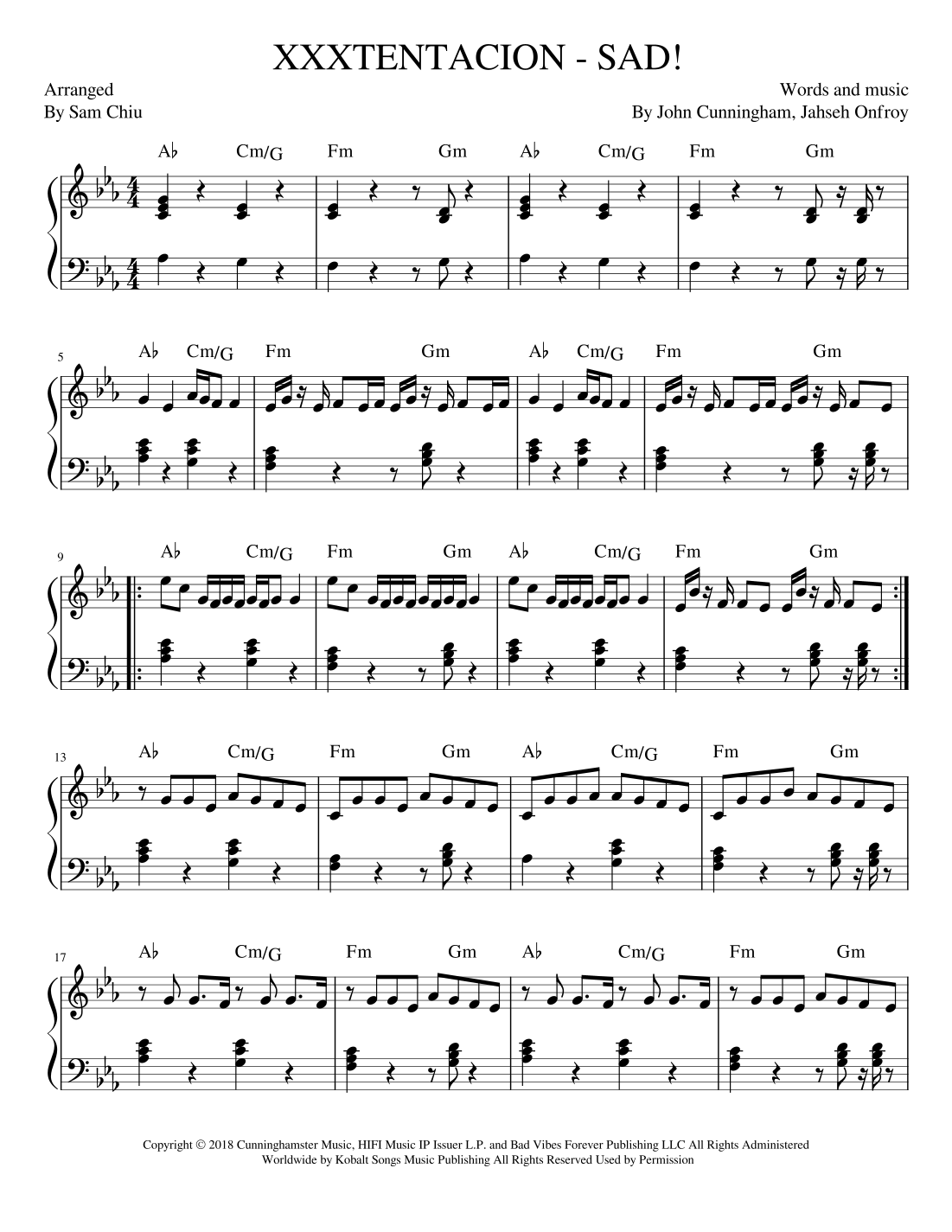 Sad! (arr. Sam Chiu) by XXXTentacion Sheet Music for Piano Solo at ...