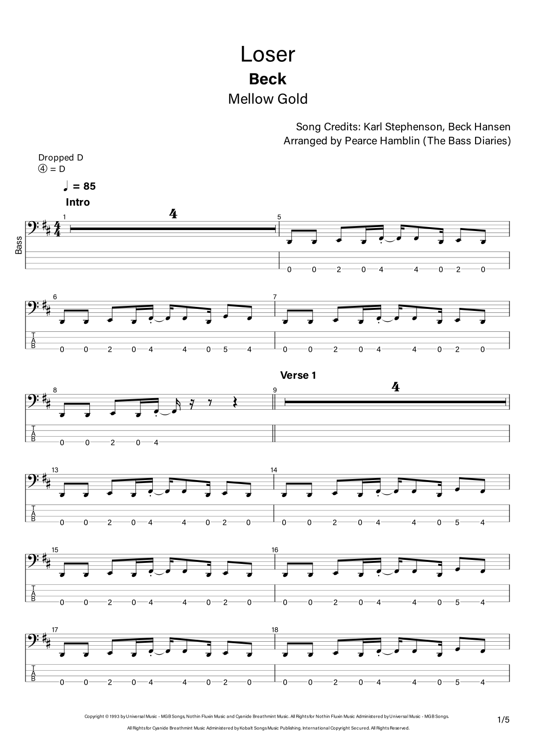 Loser (arr. The Bass Diaries) by Beck Sheet Music for Bass Guitar Tab ...