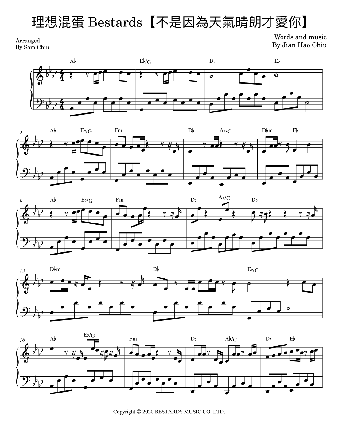 Bu Shi Yin Wei Tian Qi Qing Lang Cai Ai Ni (arr. Sam Chiu) by Jian Hao ...