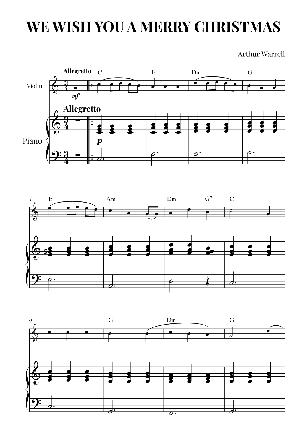 We Wish You a Merry Christmas - Violin and Piano (with Chords) (arr ...
