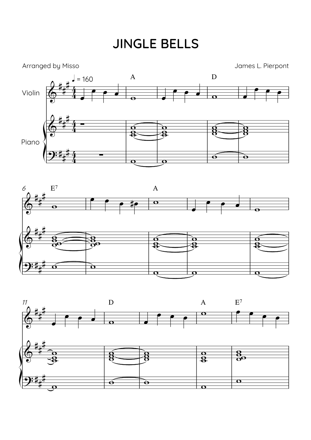 Jingle Bells - Violin & Piano in A Major (Beginner With Chords) (arr ...