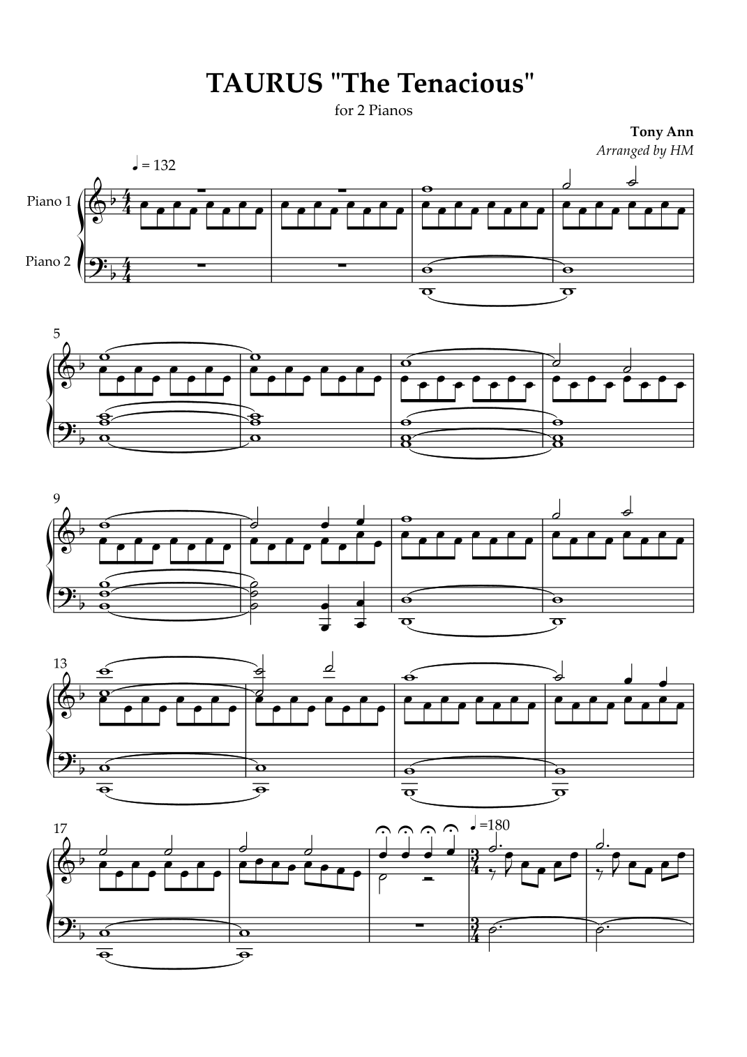 TAURUS "The Tenacious" (arr. HM) by Tony Ann Sheet Music for Piano Solo ...