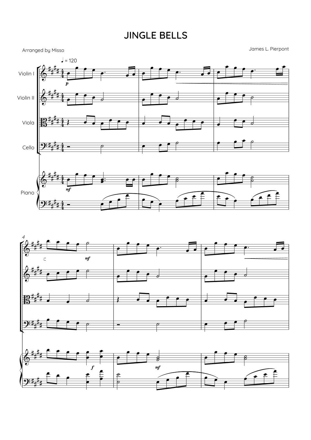 Jingle Bells - Strings Quartet & Piano in E Major - Intermediate With Chords (arr. MissoRB) by ...