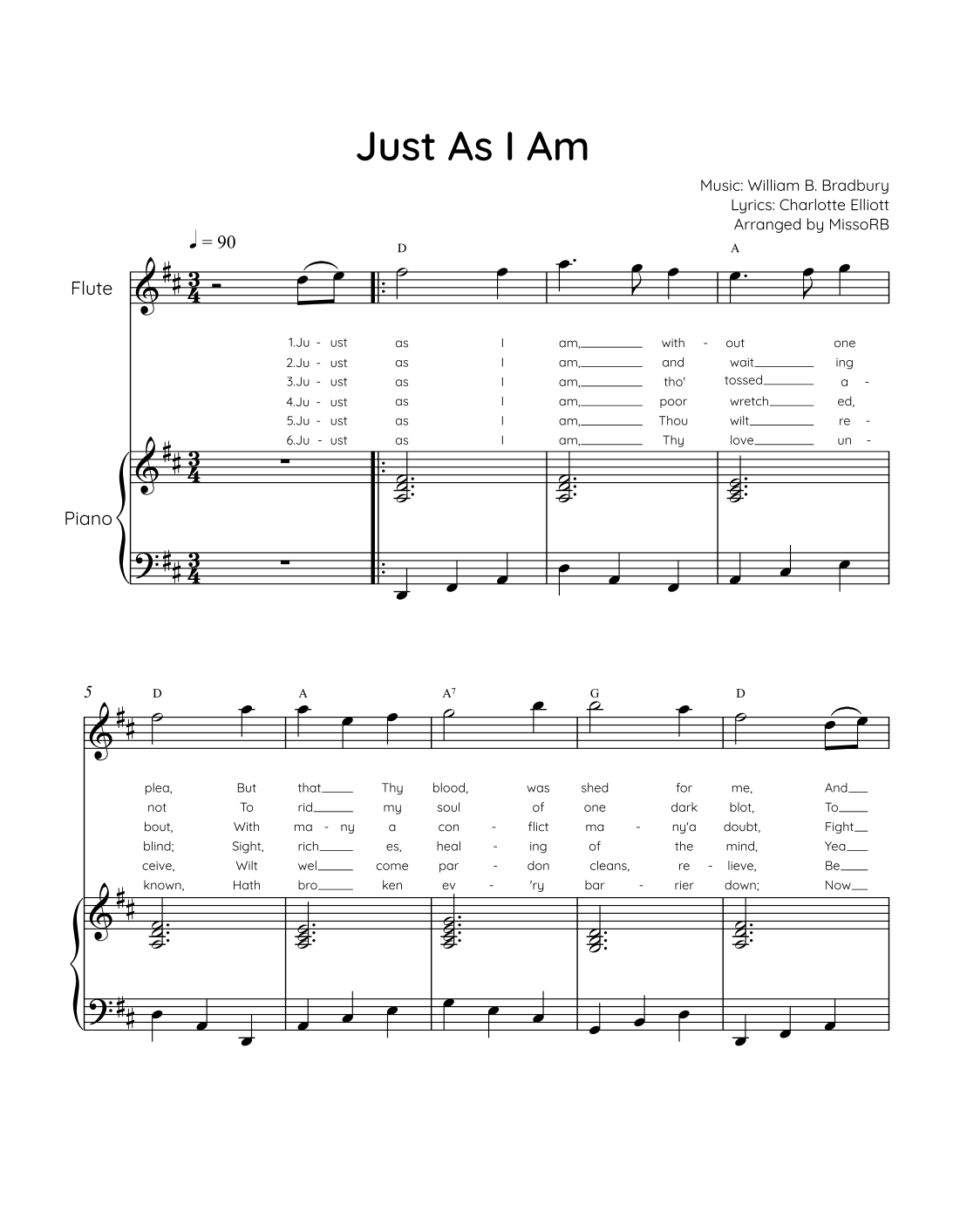 Just As I Am - Flute & Piano in D With Chords & Lyric - Easy (arr ...