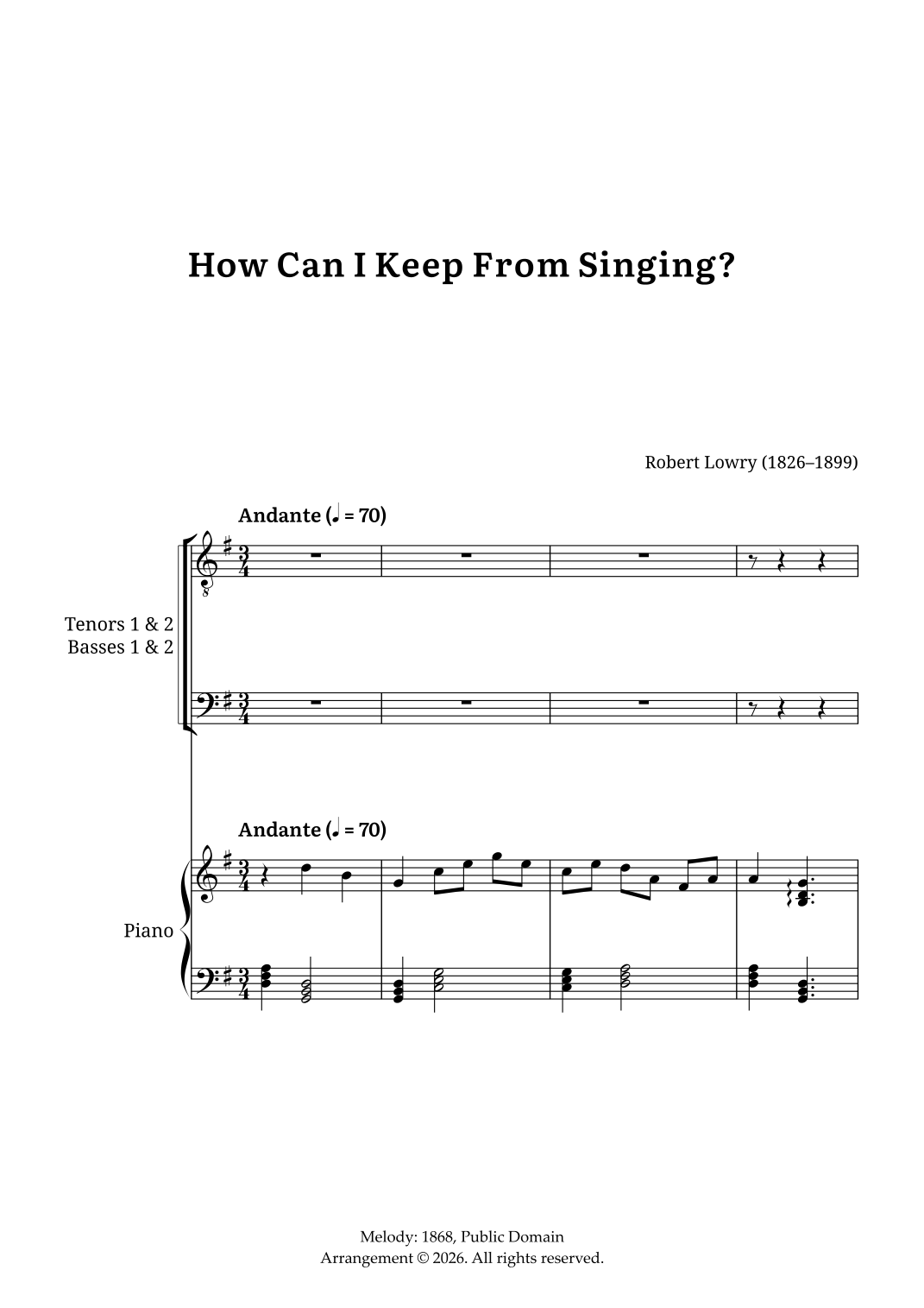 How Can I Keep From Singing? – TTBB Choir and Piano (G major) (arr. D ...