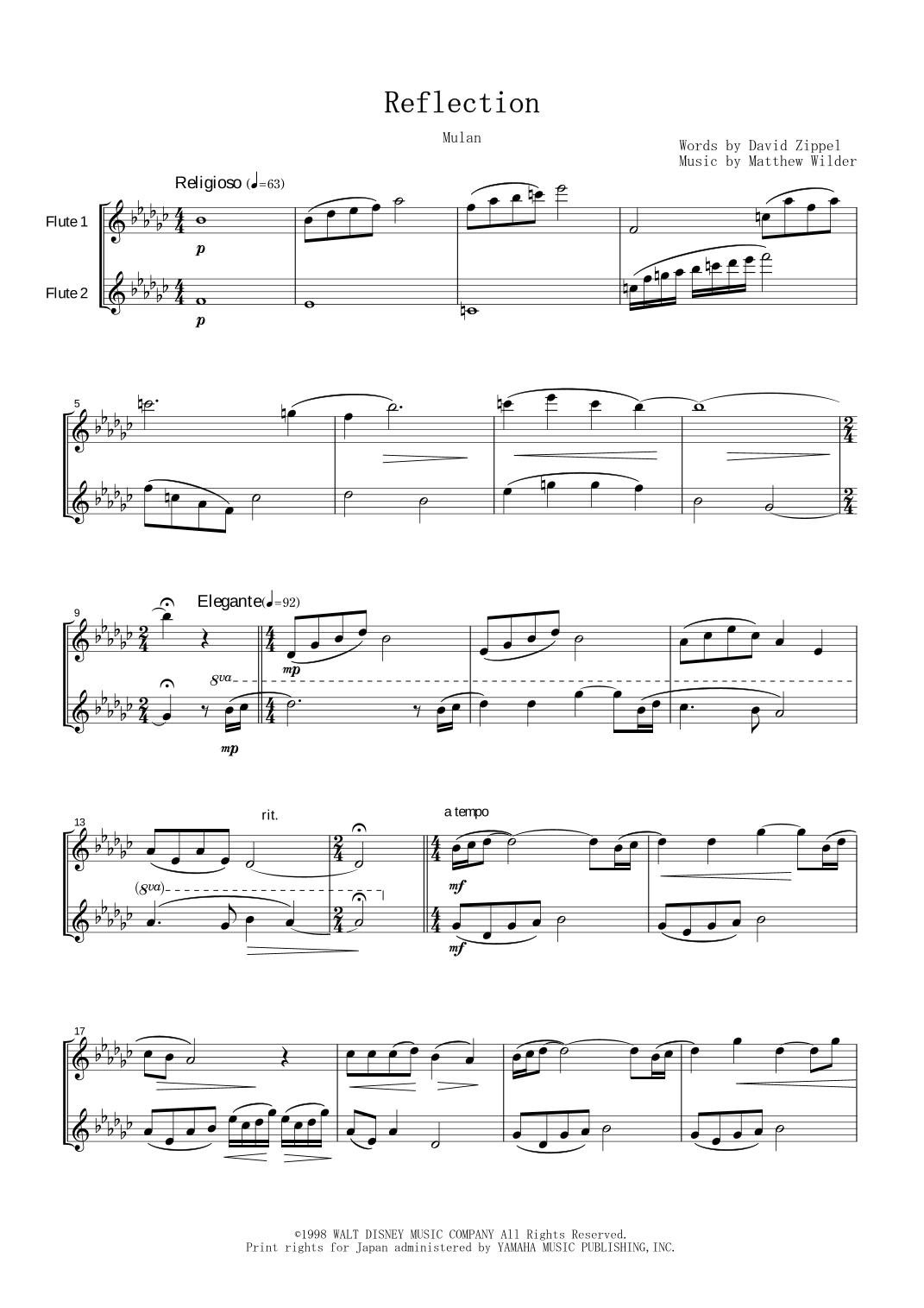 Reflection (arr. Kan Saito / Japan Duo Notes) by Christina Aguilera ...