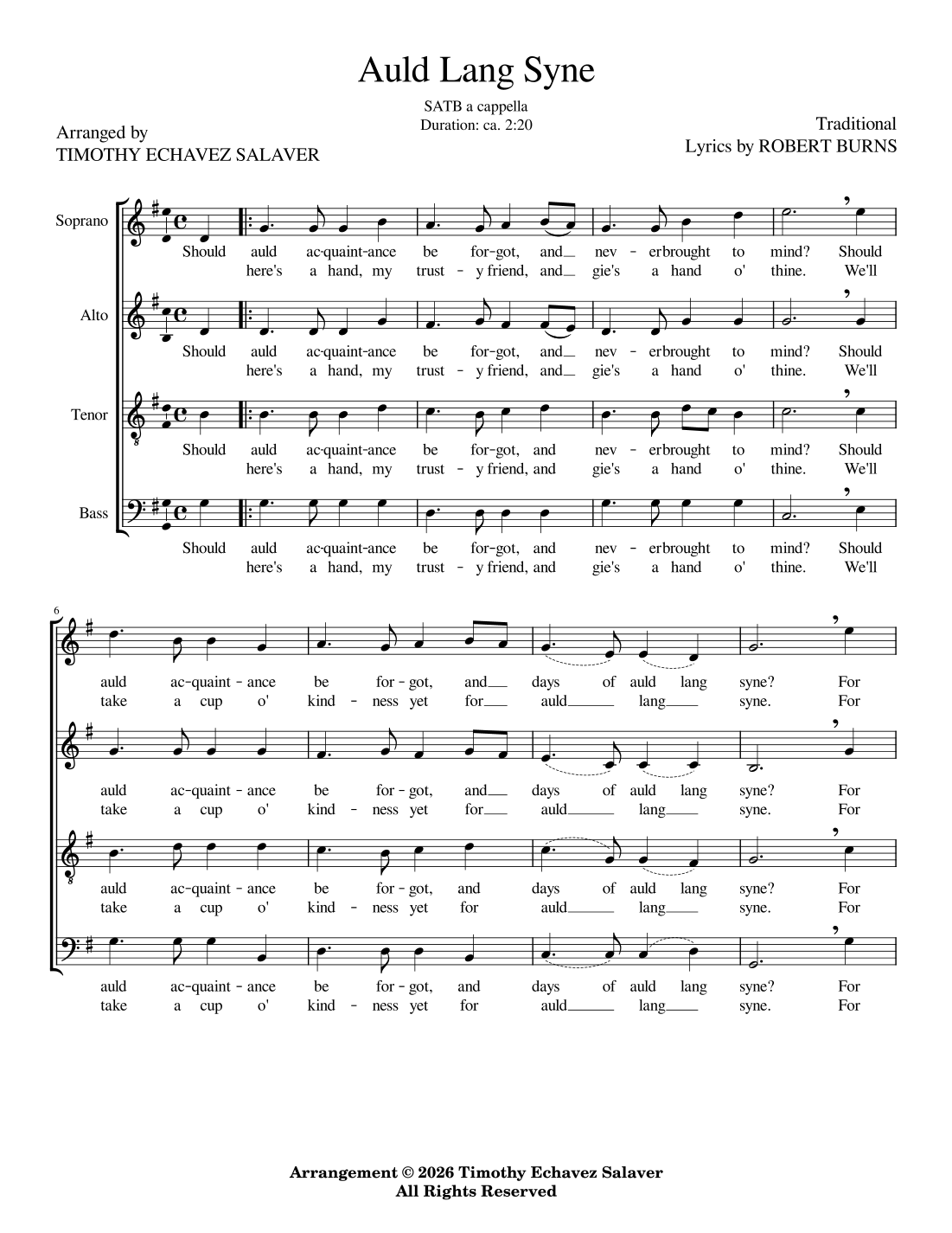 Auld Lang Syne (arr. Timothy Echavez Salaver) by Areté Singers Sheet ...