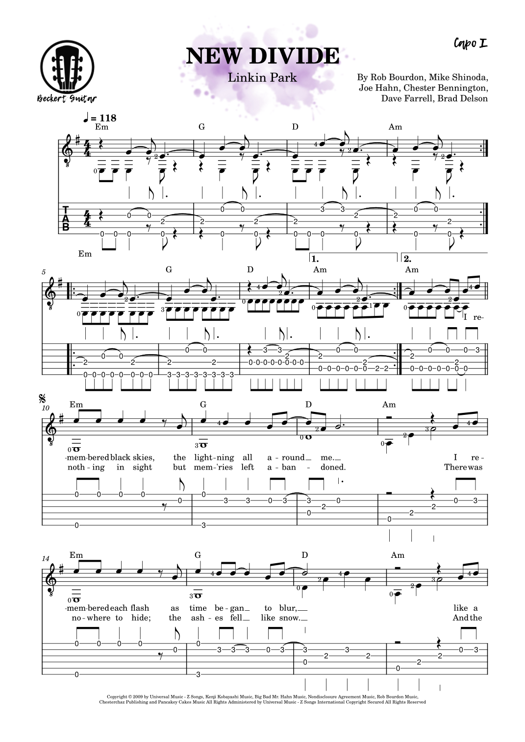 New Divide (arr. Beckert Guitar) by Linkin Park Sheet Music for Easy ...