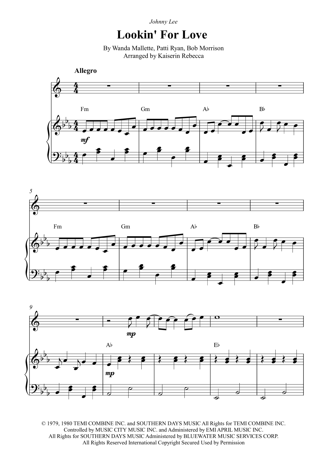 Lookin' For Love (arr. Kaiserin Rebecca) by Johnny Lee Sheet Music for ...