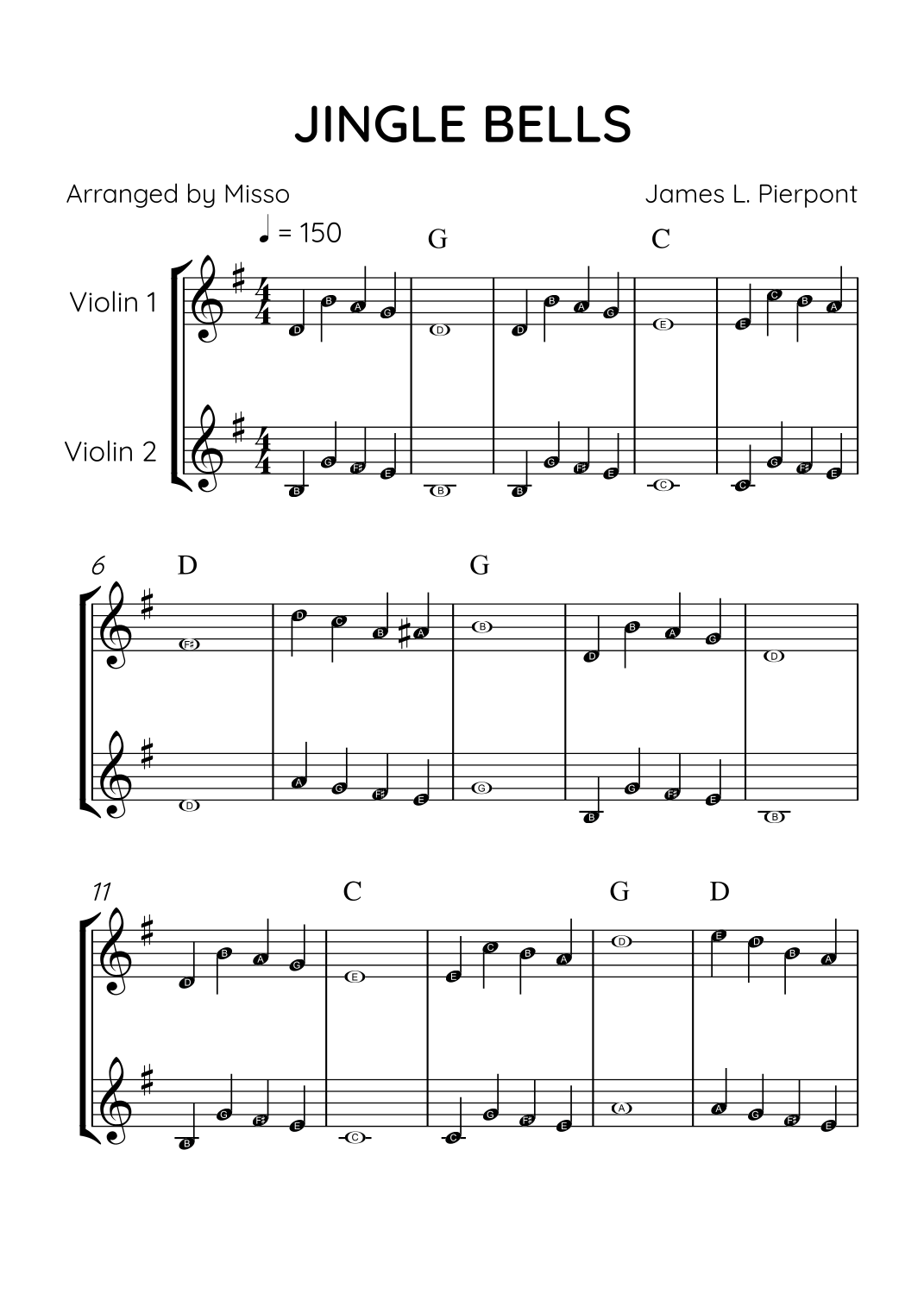 Jingle Bells - Violin Duet in G Major (Beginner With Chords & Letter ...