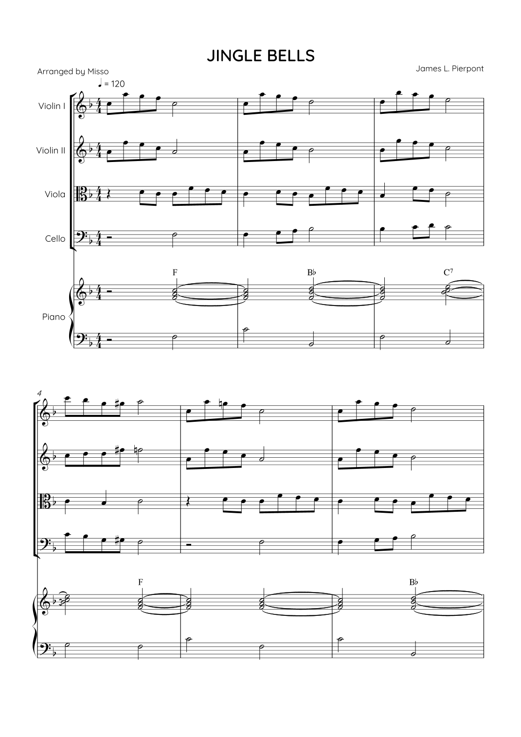 Jingle Bells - Strings Quartet & Piano in F Major - Easy With Chords ...