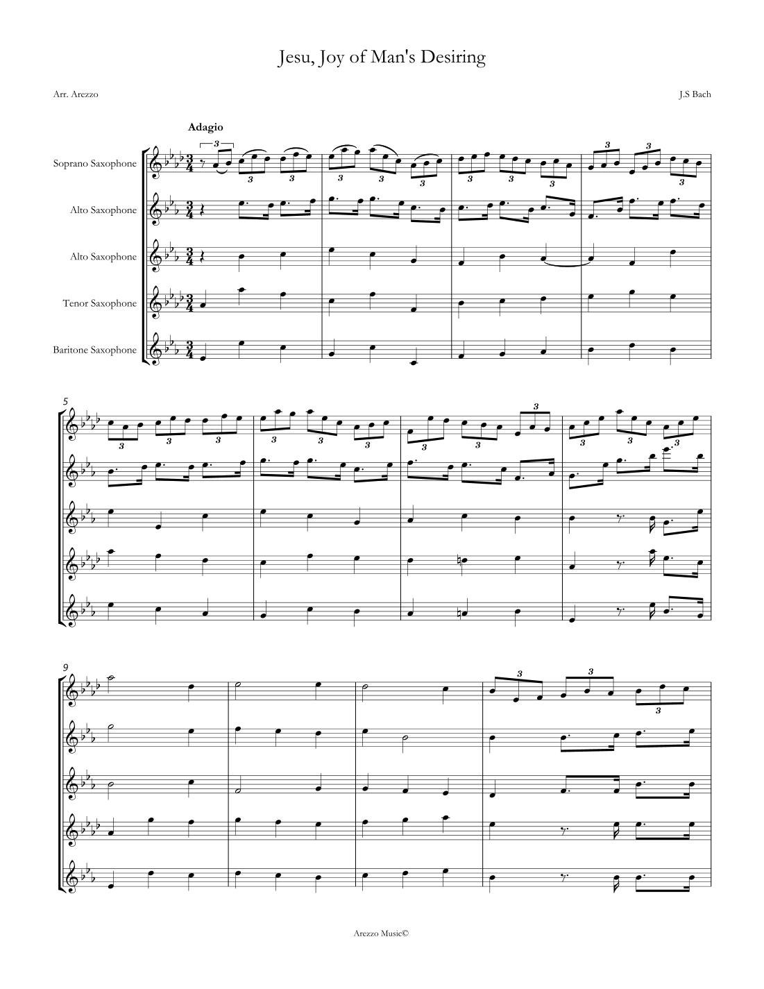 Bach Jesu Joy of Man's Desiring Saxophone Quintet Sheet Music (arr ...