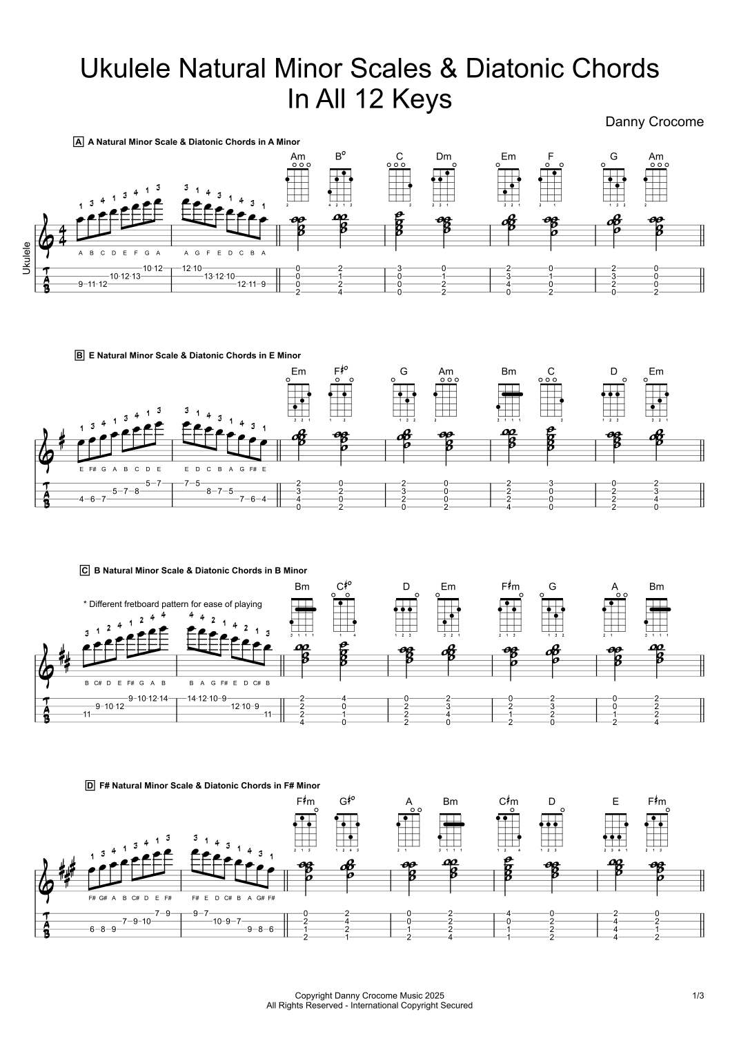 Ukulele Natural Minor Scales & Diatonic Chords (in all 12 keys) by Traditional Sheet Music for ...