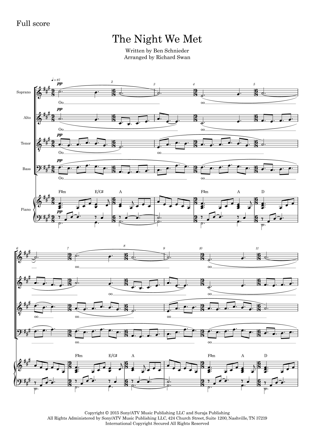 The Night We Met (arr. Richard Swan) by Lord Huron Sheet Music for SATB ...